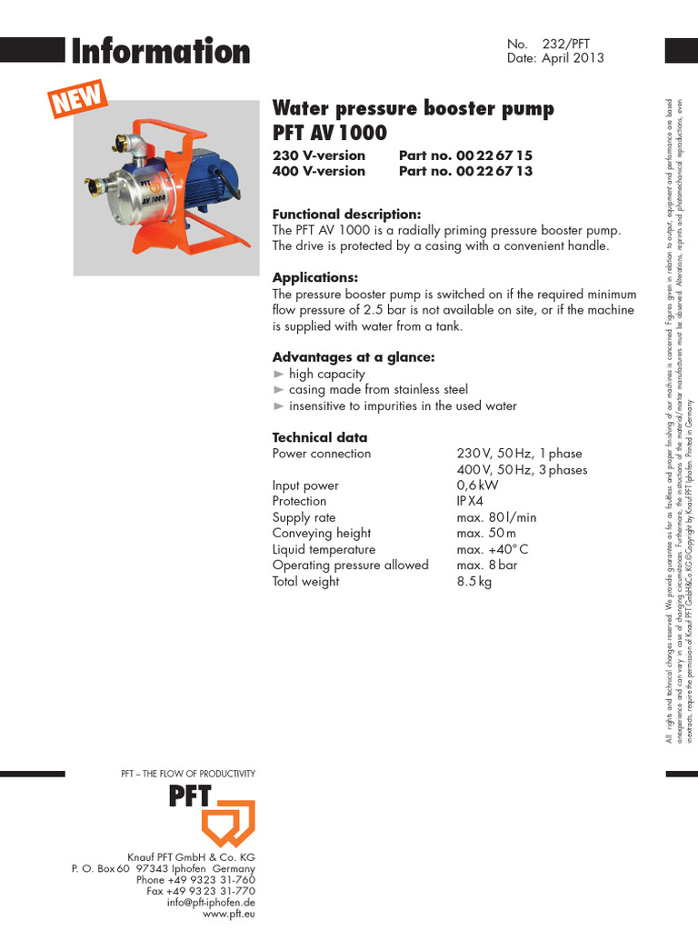 PFT Water Pressure Booster Pump AV 1000 GB | Download Free PDF | Pump | Water