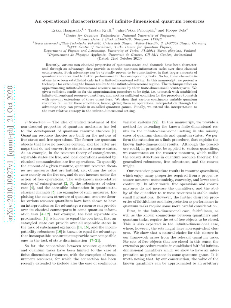 An Operational Characterization of Infinite-Dimensional Quantum Resources | PDF | Quantum ...