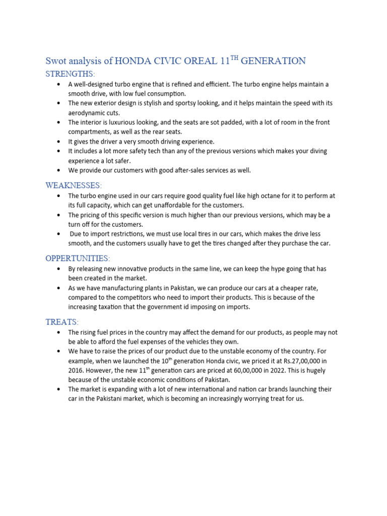 Swot Analysis of HONDA CIVIC OREAL 11TH GENERATION | PDF