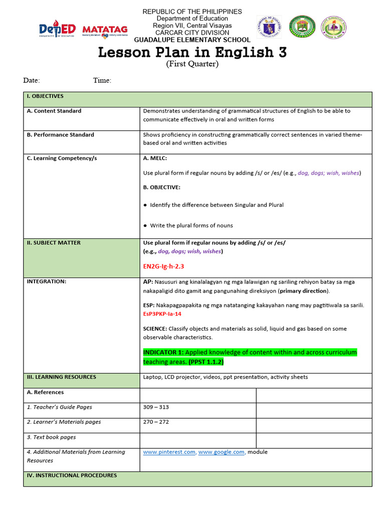 Q1 ENGLISH DLP - Singular and Plural Noun 1 | PDF | Plural ...