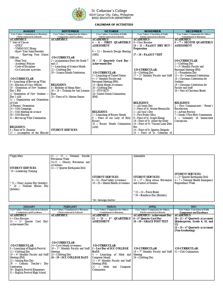 Calendar of Activities Ay 2023 2024 Basic With Revision | PDF | Christian Festivals And Holy ...