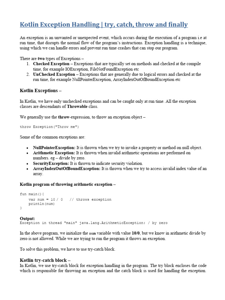 Kotlin Exception Handling | PDF | Parameter (Computer Programming) | Computer Science