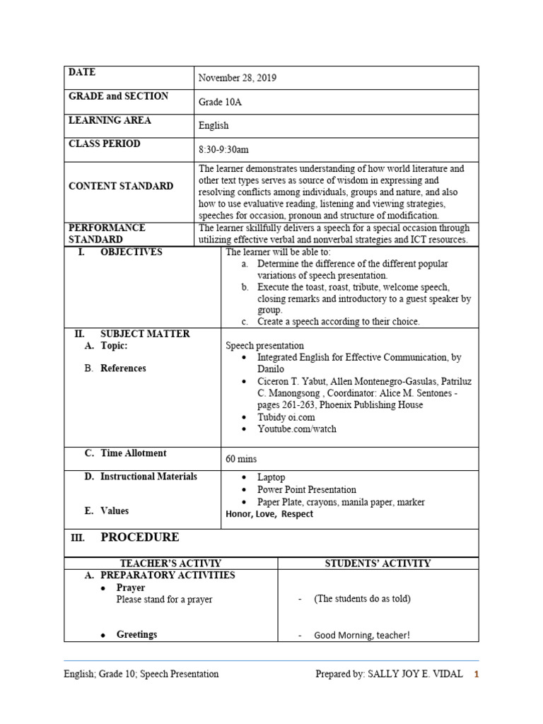 Lesson Plan SPEECH PRESENTATION | Download Free PDF | Pronoun | Learning
