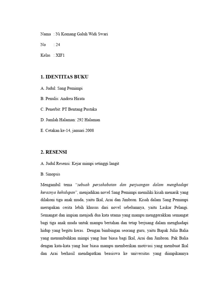 Sinopsis Novel Sang Pemimpi Andrea Hirata | PDF