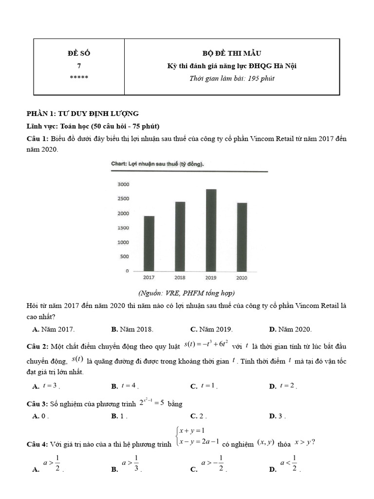 Đề Thi Mẫu Kỳ Thi Đánh Giá Năng Lực ĐHQG Hà Nội 2022 - Nhóm Giáo Viên Chuyên Luyện Thi - ĐỀ 7 ...