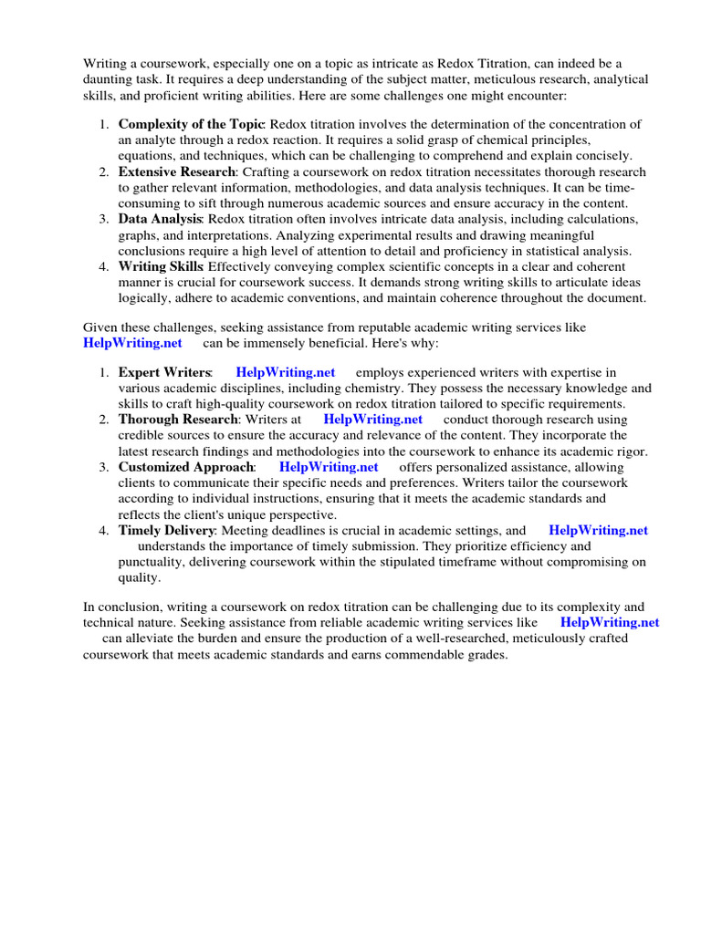 Redox Titration Coursework | PDF | Titration | Chemistry