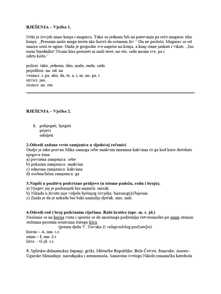 Vrste Riječi - Vježba 1, 2 (Rješenja) | PDF