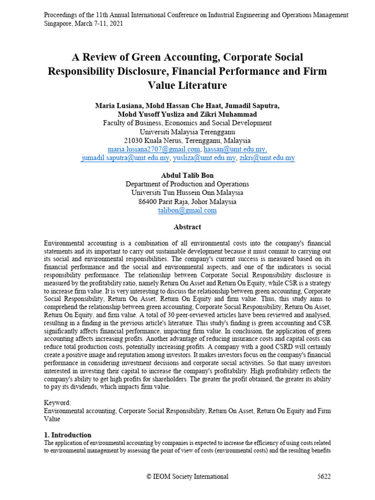 A Review of Green Accounting, Corporate Social Responsibility Disclosure, Financial Performance ...