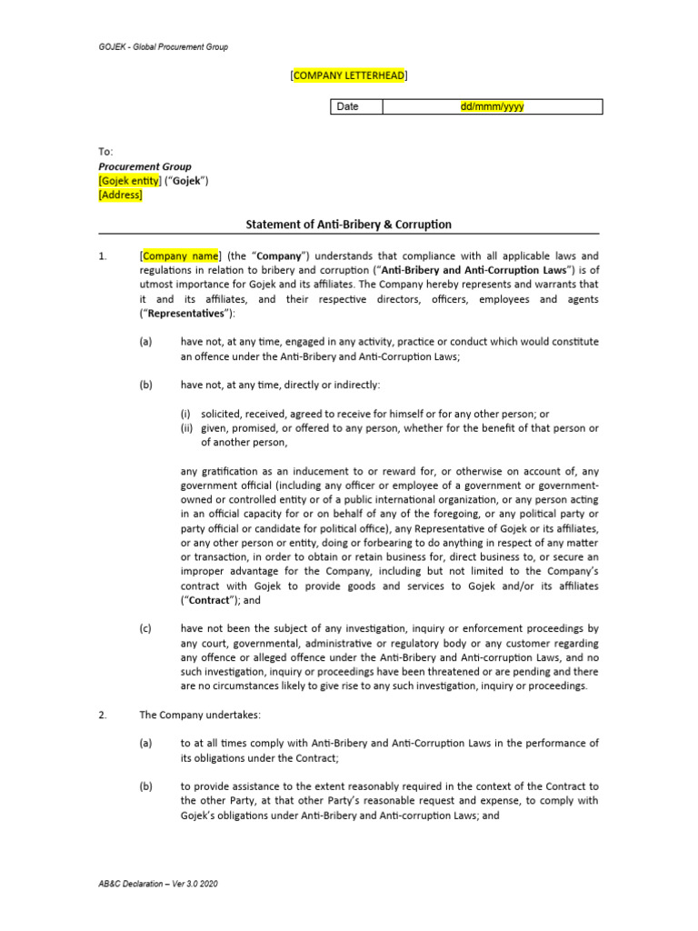 Anti-Bribery Corruption Declaration | PDF | Indemnity | Breach Of Contract