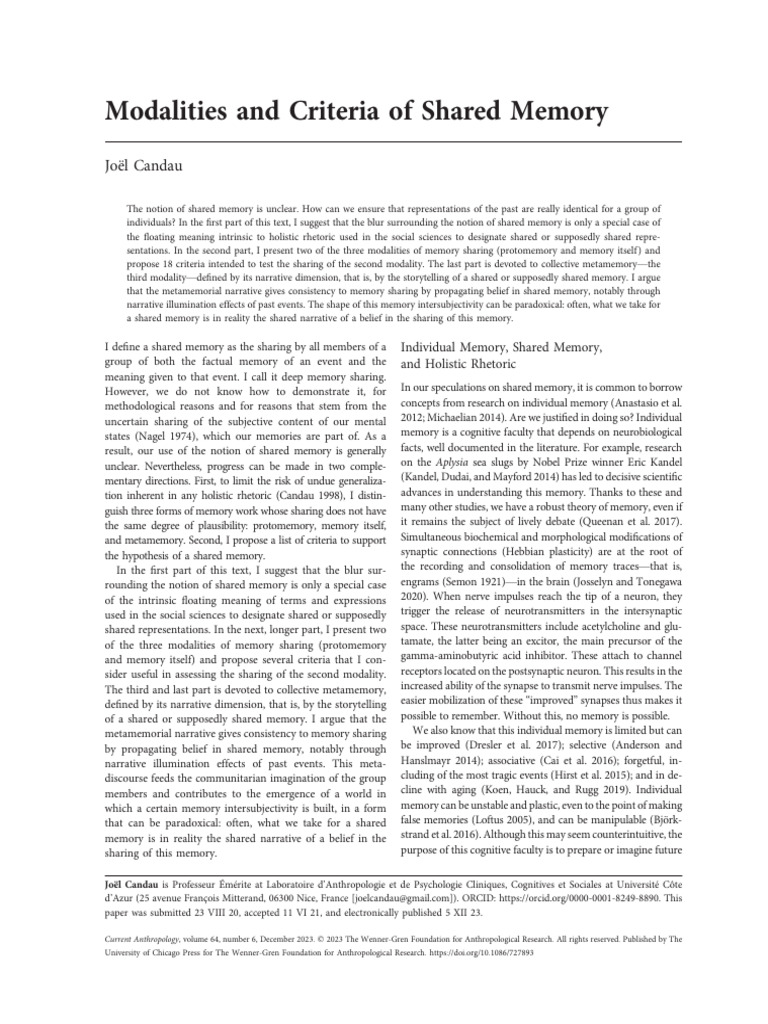Modalities and Criteria of Shared Memory | PDF | Memory | Experience