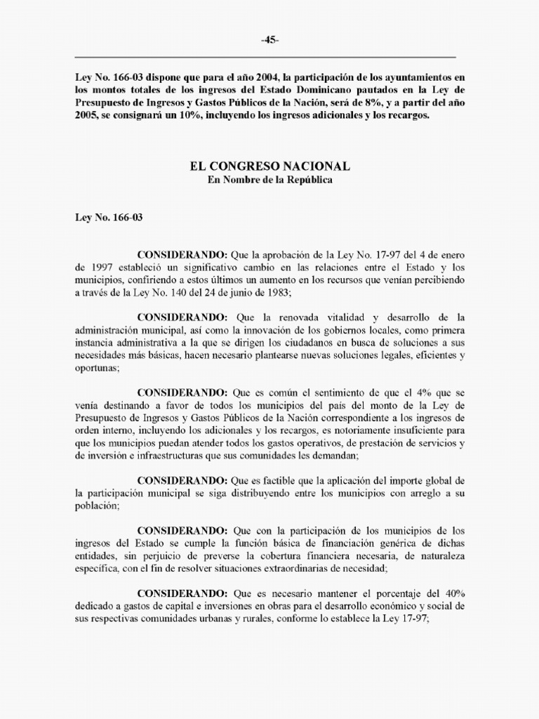 Ley 166 03 Participacion de Los Ayuntamientos en Los Montos Totales de Los Ingresos Del Estado ...