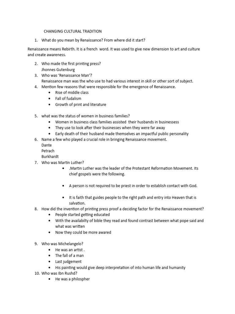Changing Cultural Tradition Questions | PDF | Renaissance | Humanism