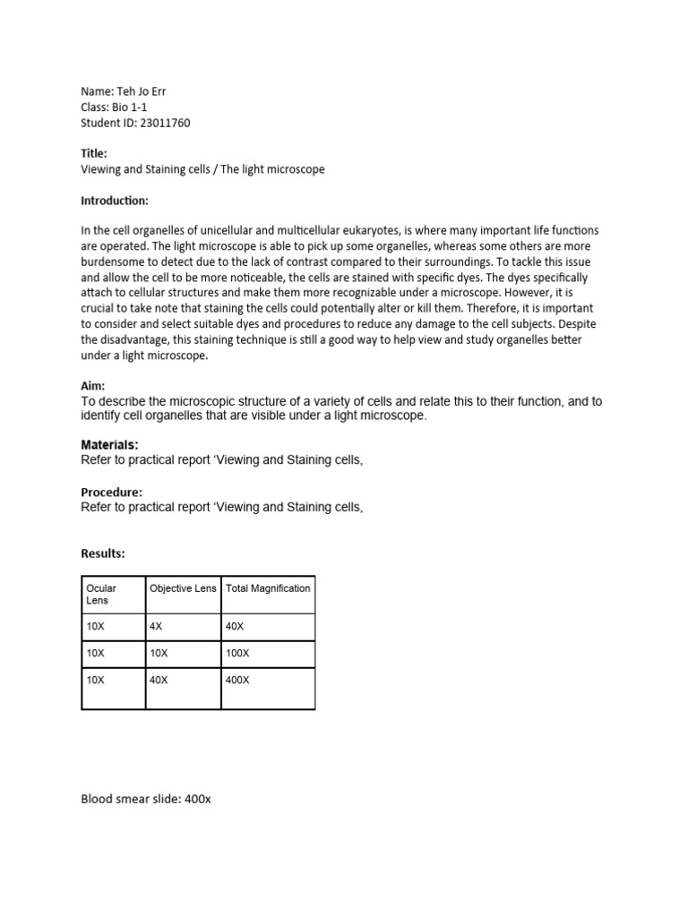 Viewing and Staining Cells The Light Microscope Lab Report | PDF | Cell ...