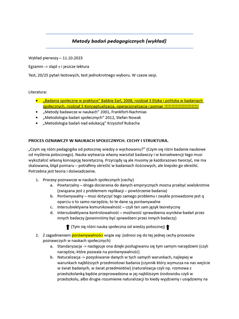 Metody Badań Pedagogicznych Wykład | PDF