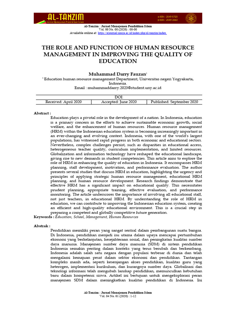 The Role and Function of Human Resource Management in Improving The Quality of Education | PDF ...