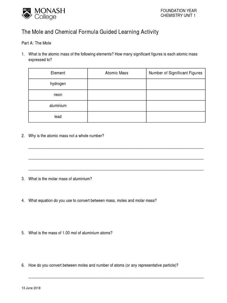 The Mole and Chemical Formula Guided Learning | PDF | Teaching Methods ...