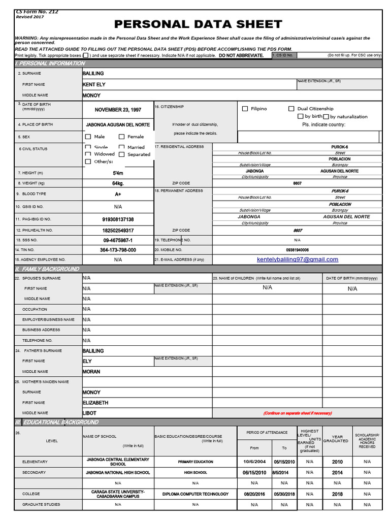 Personal Data Sheet CS Form No. 212 Revised 2017 1 | PDF | Justice | Crime & Violence