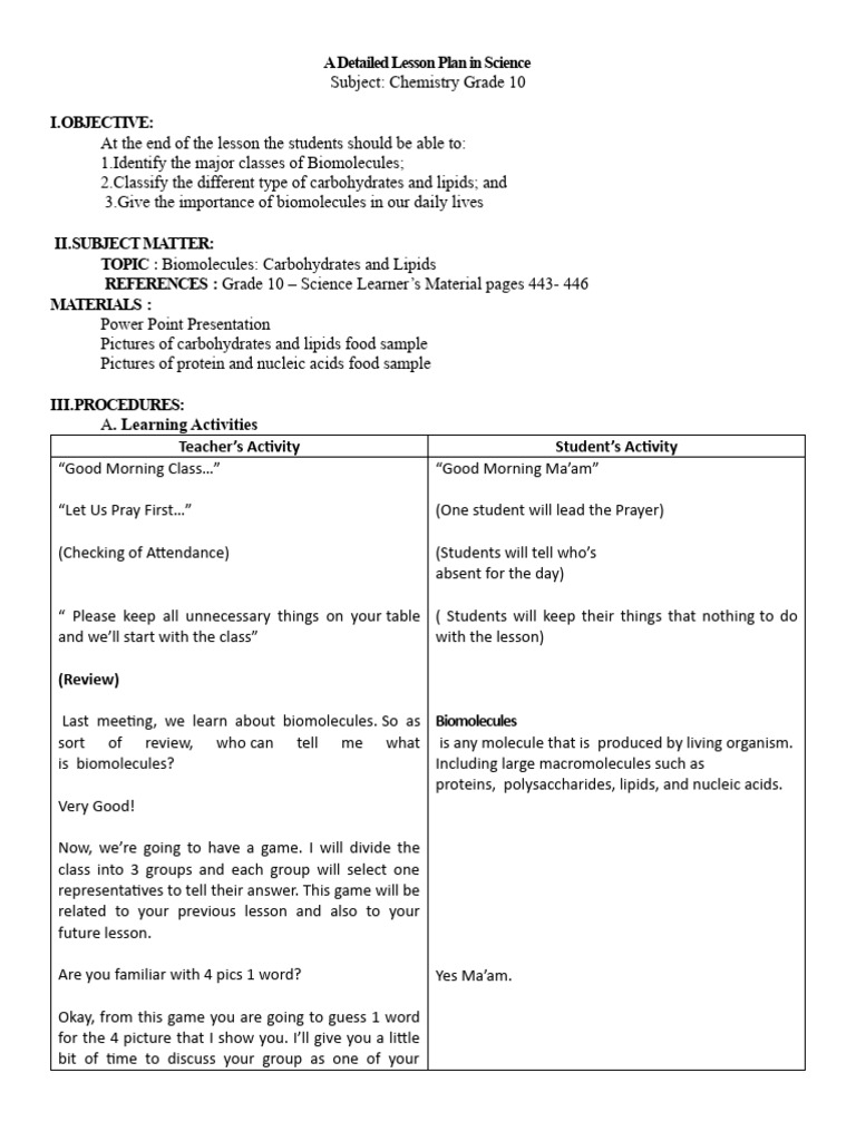 Grade 10 Biomolecules Lesson Plan | PDF | Carbohydrates | Biomolecules