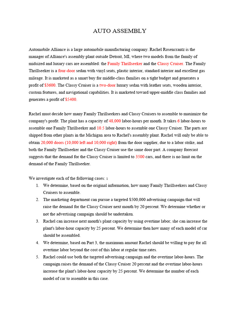 Auto Assembly Profit Optimization | PDF | Car | Sedan (Automobile)