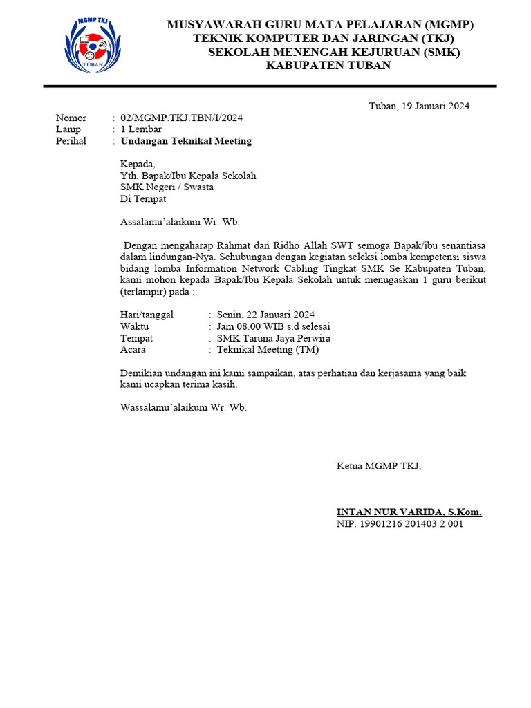 Surat Undangan TM LKS INC Tuban | PDF