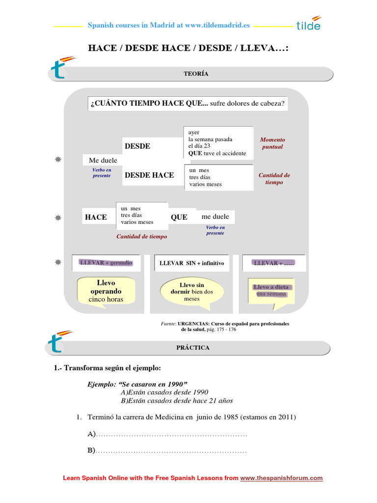 Spanish Grammar Exercises b1 Hace Desde Hace Desde Lleva | PDF