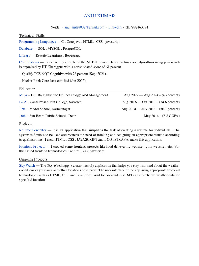 Anuj Kumar CV | PDF | Computers