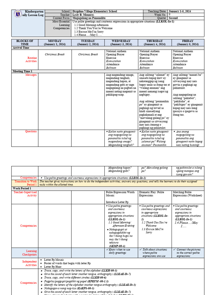 DLL Kinder 2023-2024 Week 7 q2 | PDF | Teachers | Question