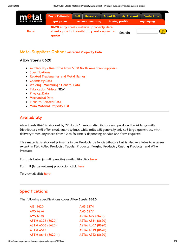 8620 Alloy Steels Material Property Data Sheet - Product Availability ...