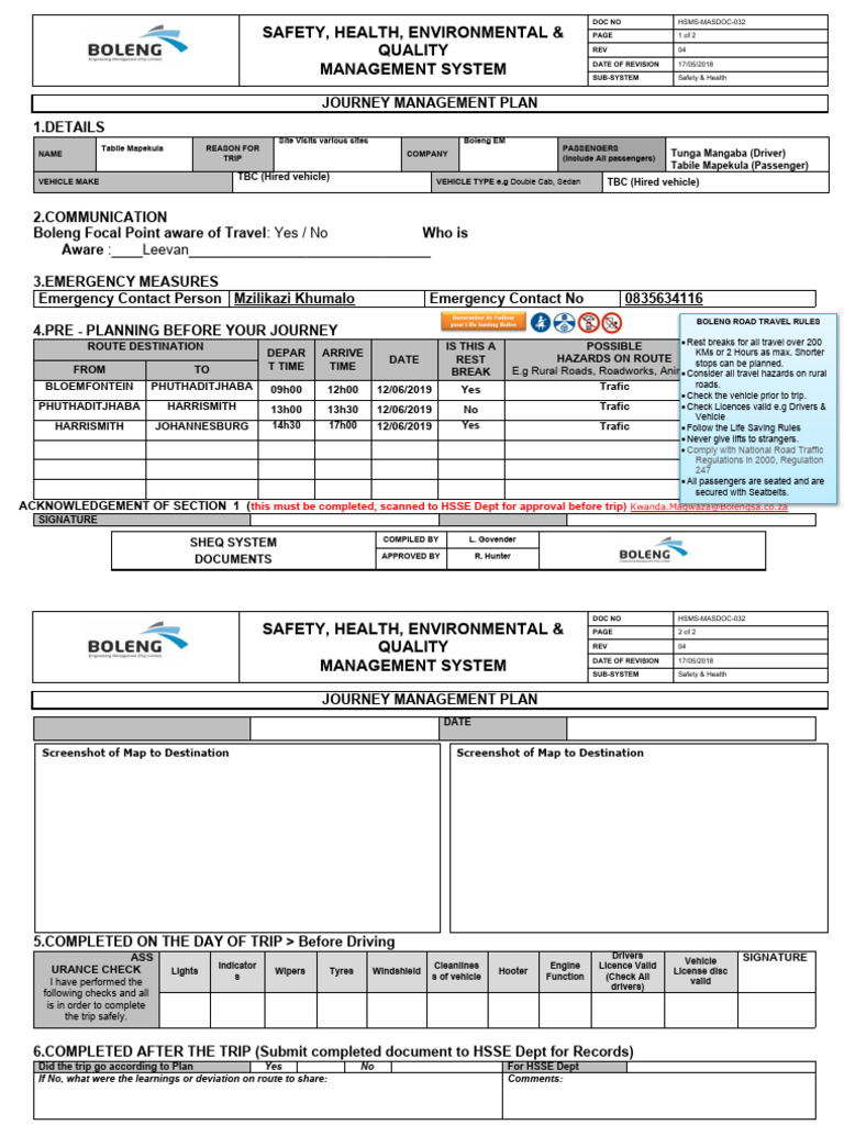 Journey Management Plan Template | PDF | Manufactured Goods | Land Vehicles