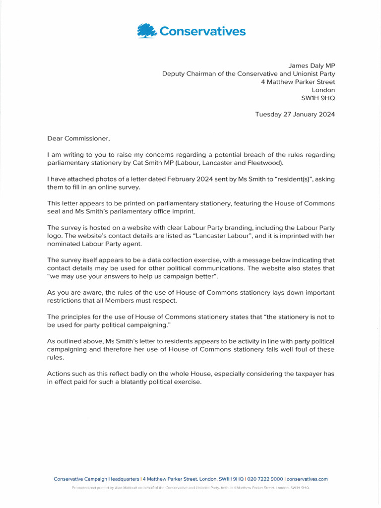 James Daly MP Letter To Standards Commissioner 27.2.24 | PDF