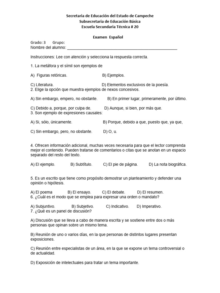 Examen Español TERCERO CON HOJA DE RESPUESTAS | PDF