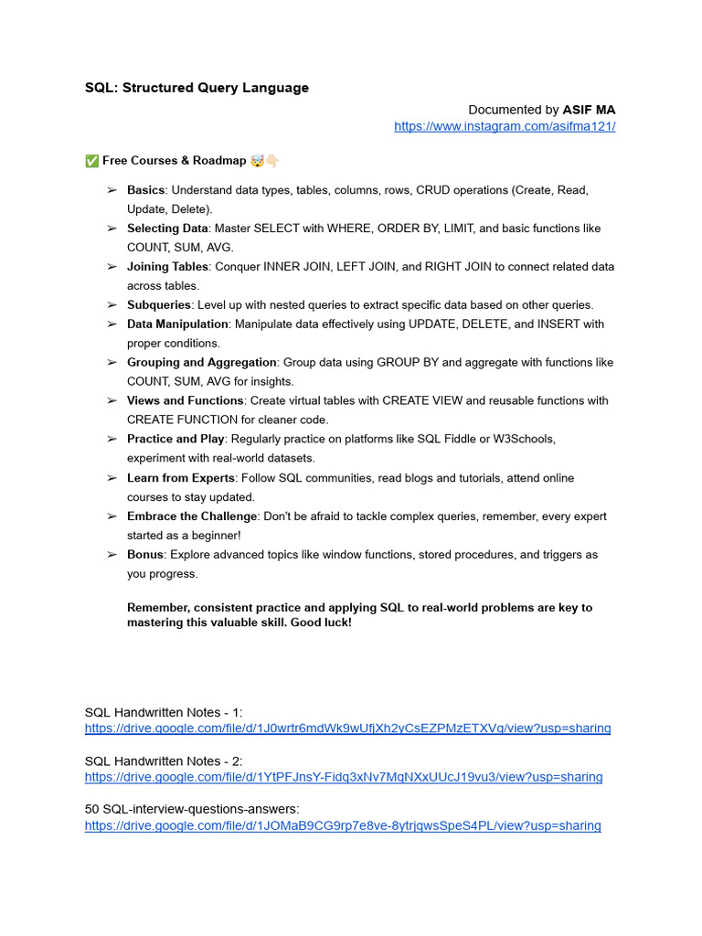 Free Sql Roadmap And Resources Pdf Sql Cybernetics