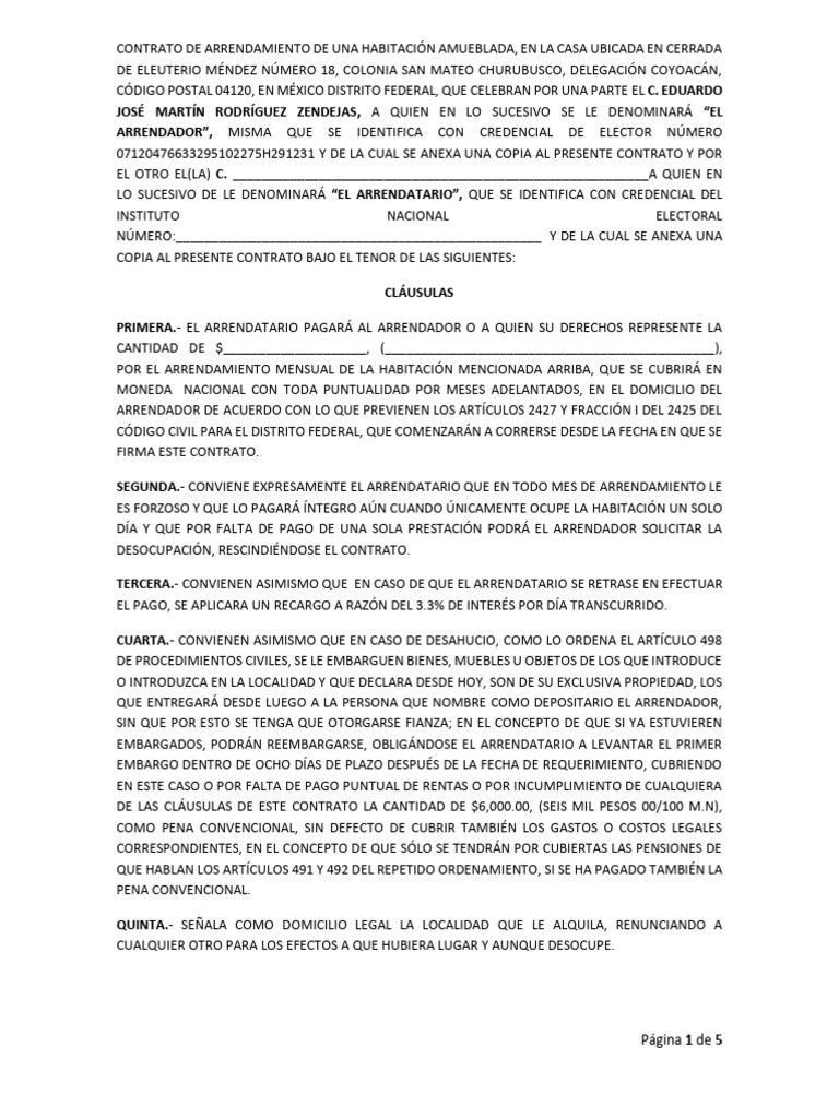 Contrato de Arrendamiento de Una Habitación Amueblada Machote | PDF ...