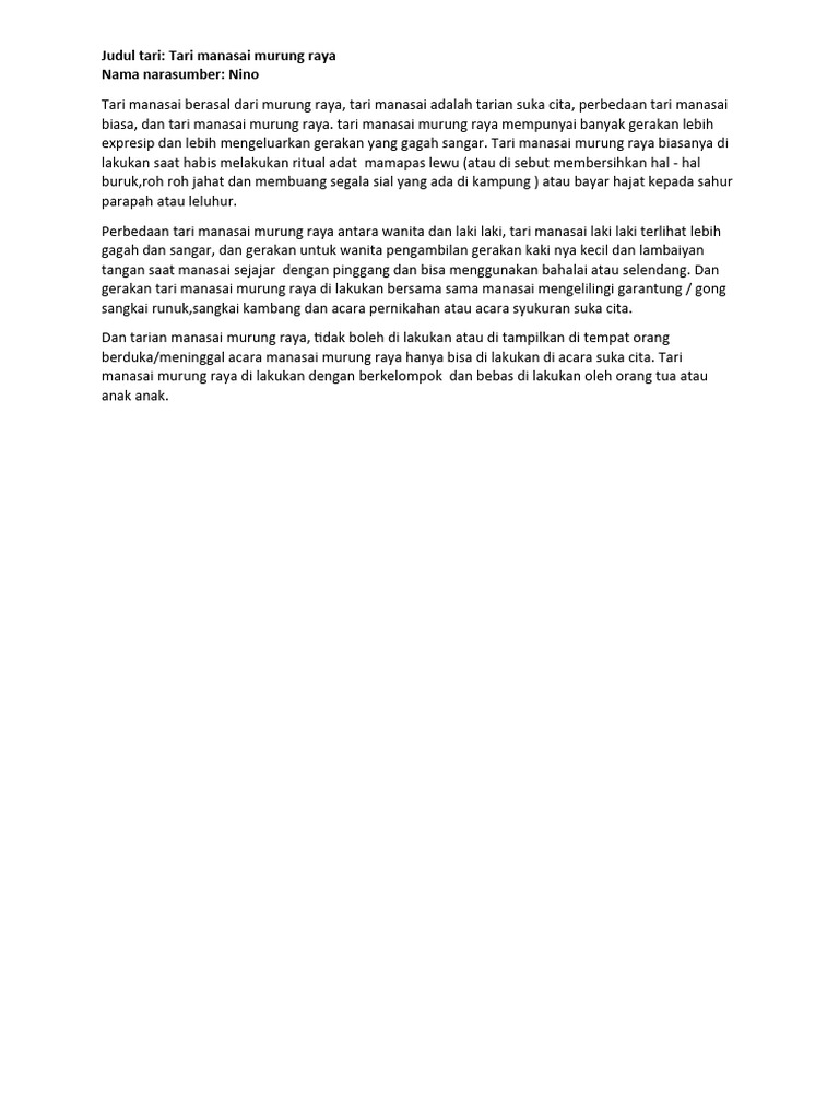 Tari Manasai Murung Raya | PDF