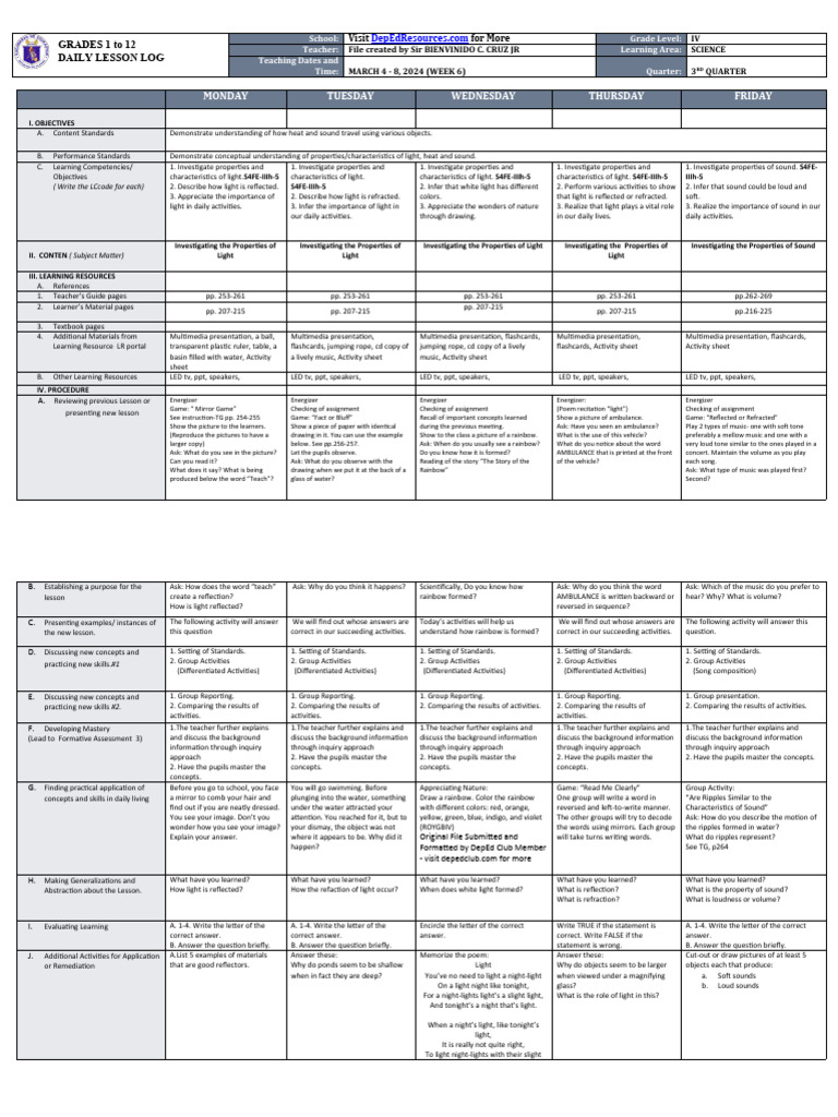 DLL - Science 4 - Q3 - W6 | PDF | Light | Rainbow