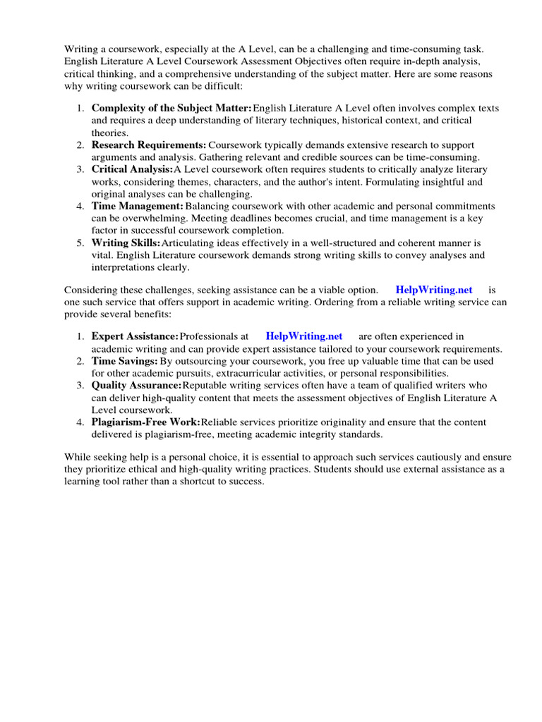 English Literature A Level Coursework Assessment Objectives | PDF ...