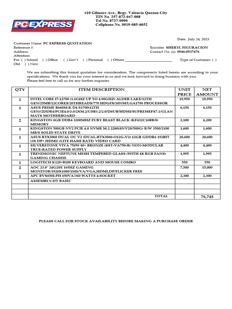 PC Express Quotation I7 12TH Gen RTX3060 072423 | PDF | Computer ...