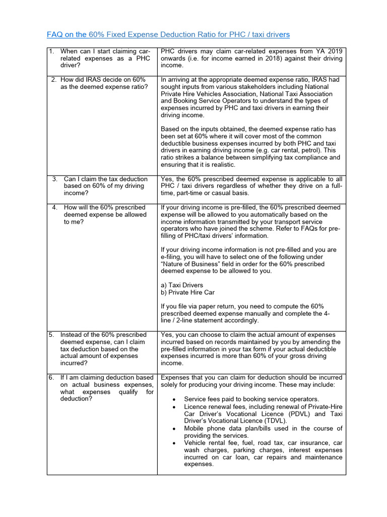 Faq 60 Fixed Expense Deduction Ratio For Chauffeured PHC Taxi Drivers ...
