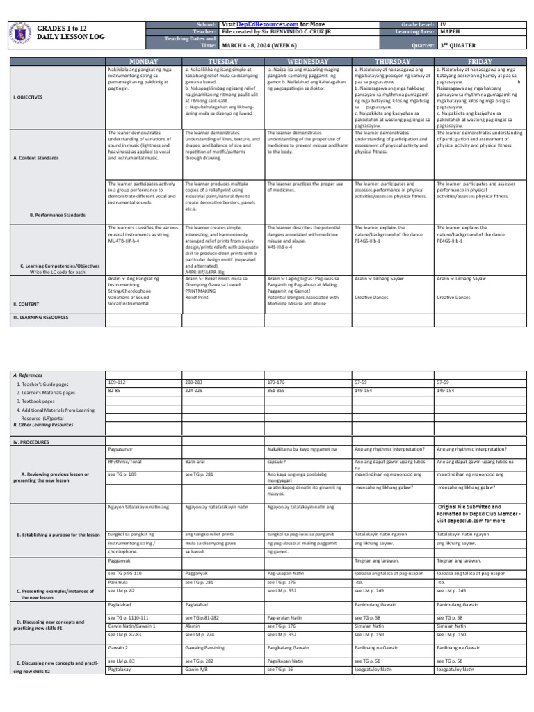 DLL - Mapeh 4 - Q3 - W6 | PDF