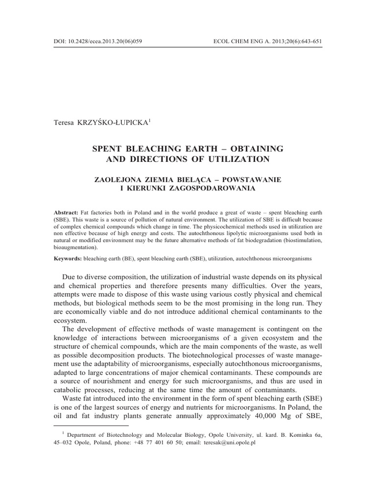 Spent Bleaching Earth Obtaining and | PDF | Adsorption | Soil