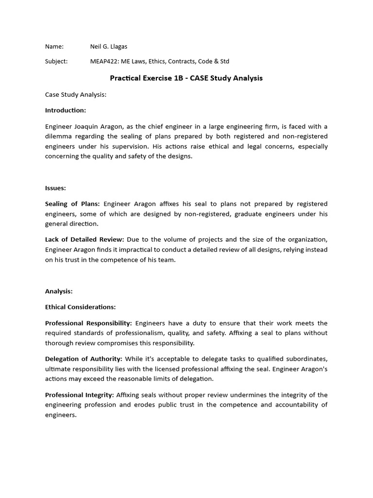 Practical Exercise 1B - CASE Study Analysis | PDF | Engineer | Regulatory Compliance