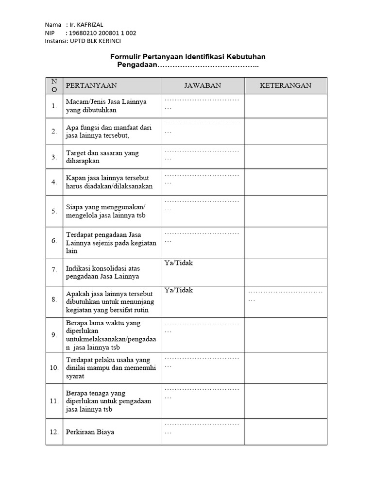 Lampiran 03 - Form Identifikasi Kebutuhan - PPK Tipe C 2024 | PDF
