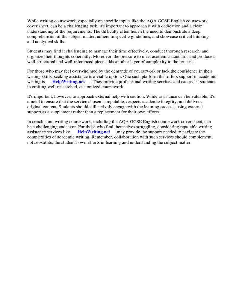 Aqa Gcse English Coursework Cover Sheet | PDF