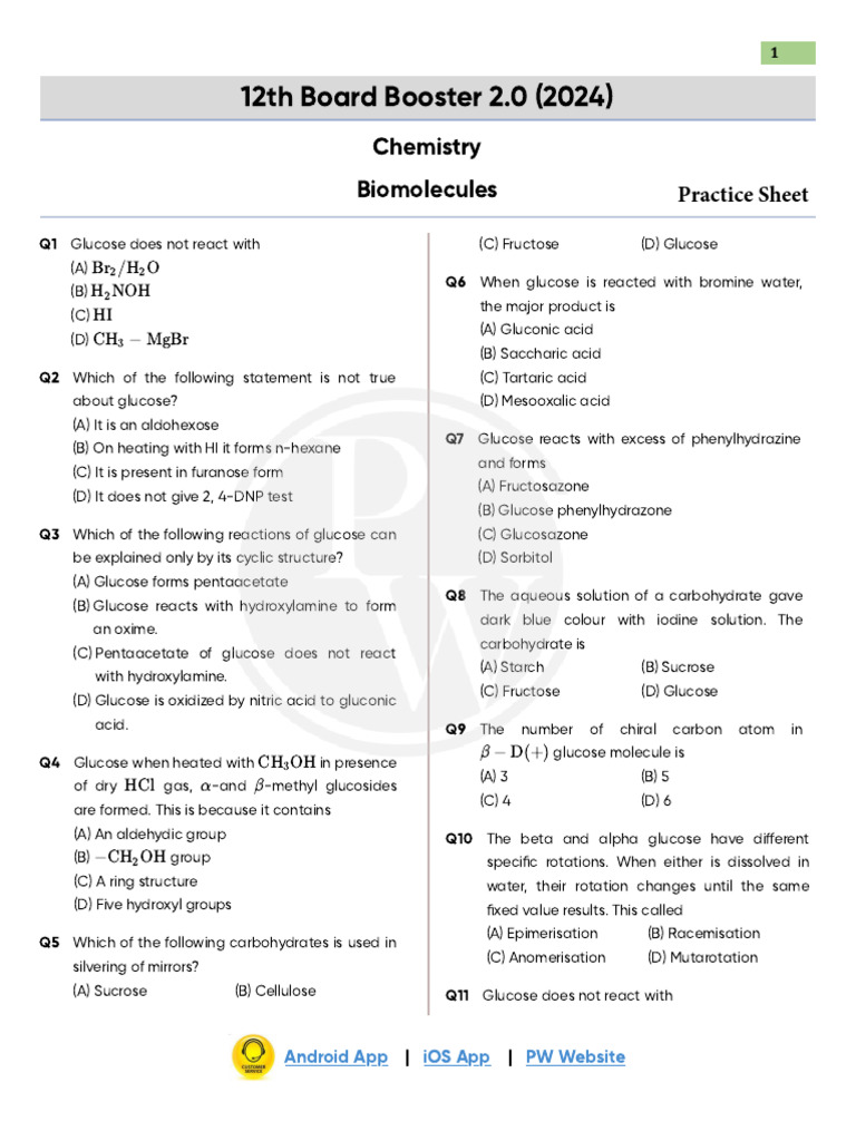 Biomolecules - Practice Sheet - 12th Board Booster 2.0 2024 | PDF ...