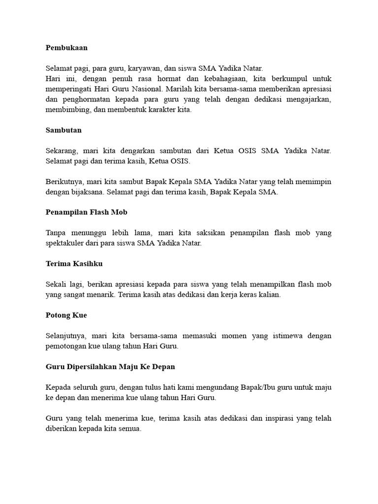 Contoh Dialog MC Acara Hari Guru | PDF