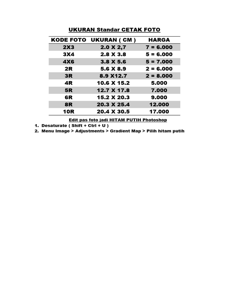 Ukuran Standar Cetak Foto dan Harga | PDF | Teknologi & Rekayasa