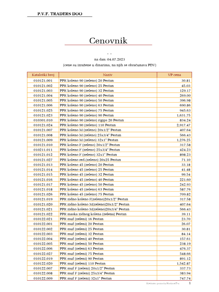 Peštan - Cenovnik | PDF
