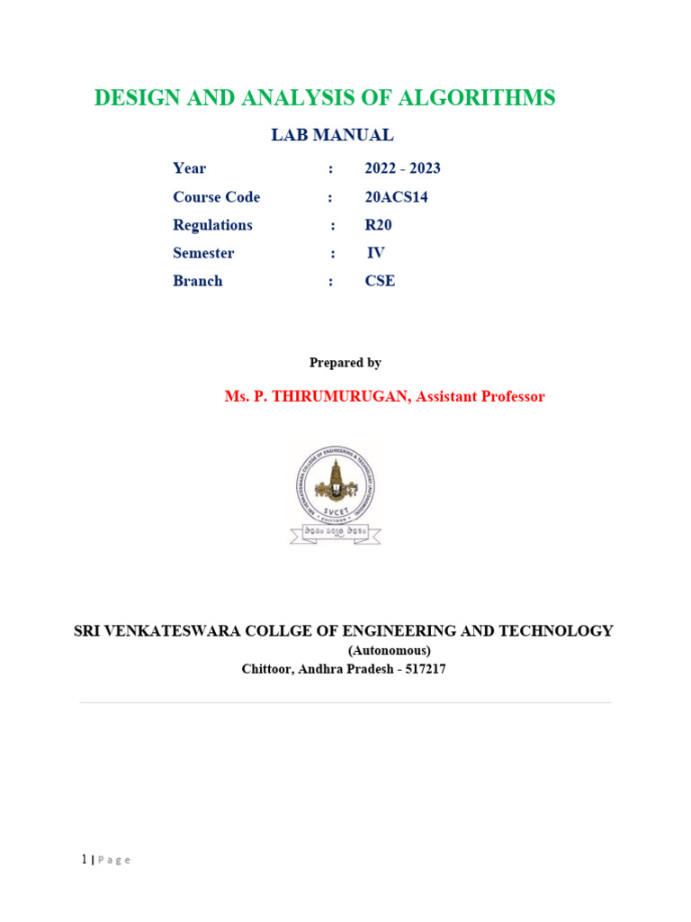 DAA Lab Manual for CSE Students | PDF | Algorithms | Combinatorics