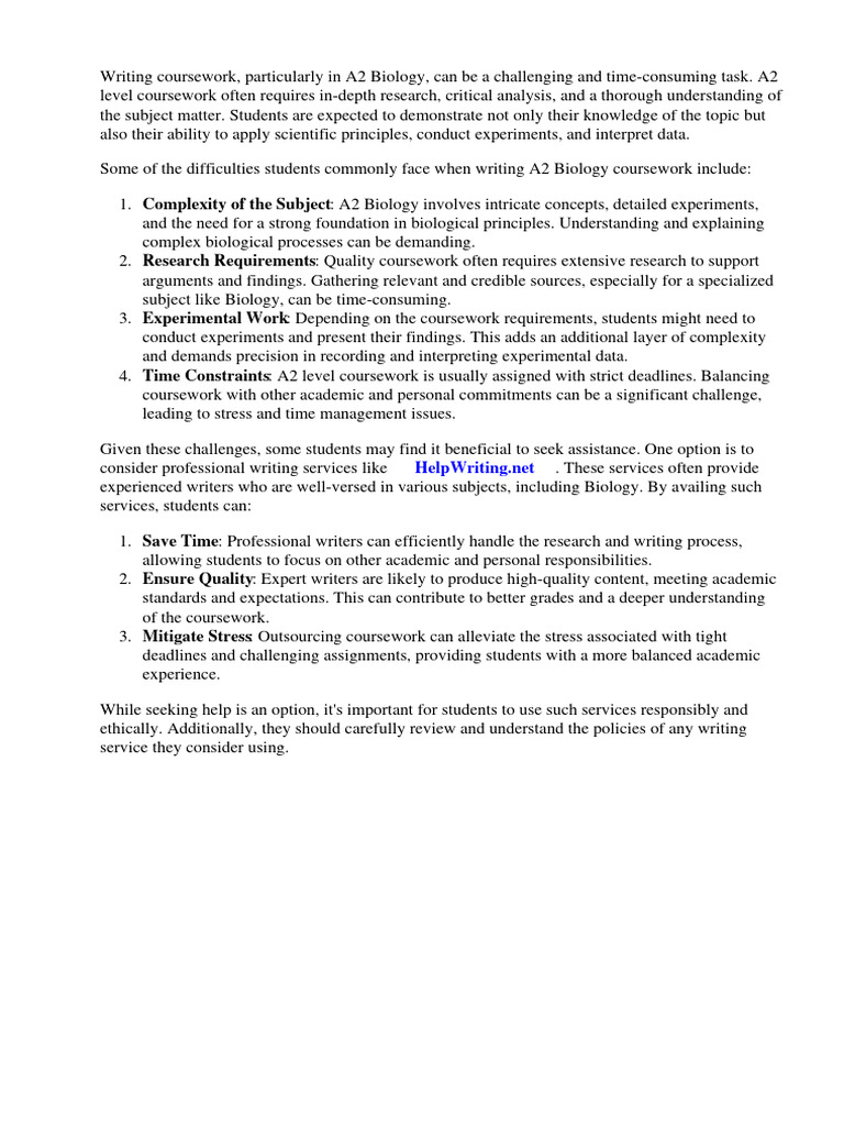 Example Of A2 Biology Coursework Pdf Gce Advanced Level United Kingdom Experiment