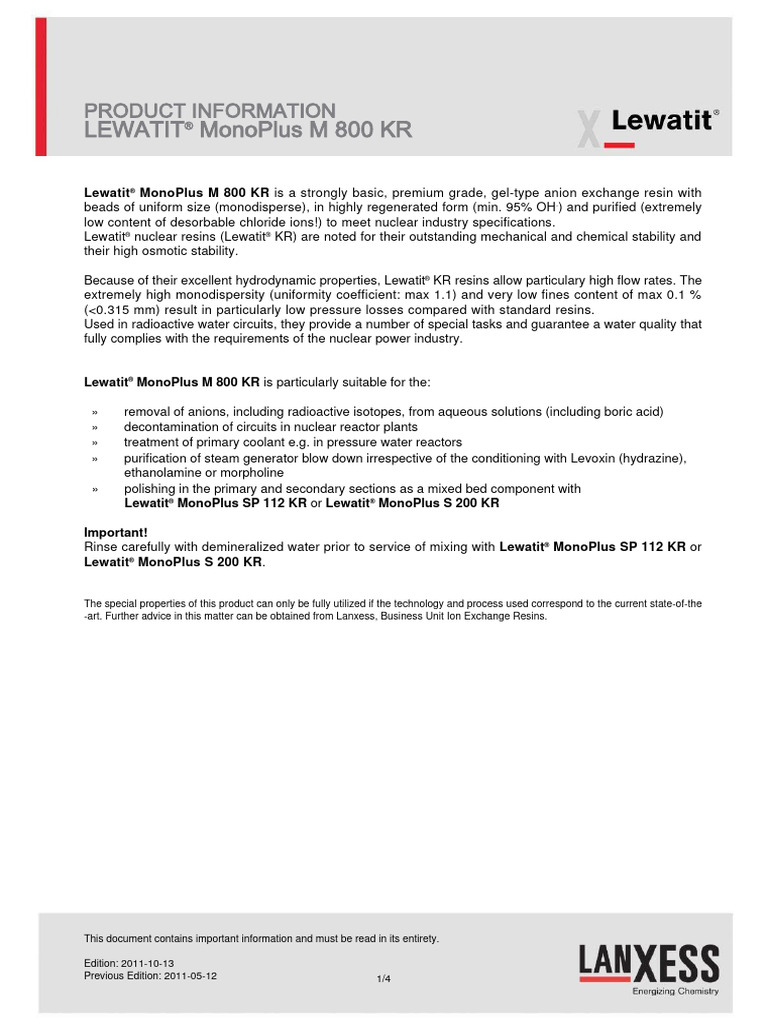 Lewatit MonoPlus M 800 KR L | PDF | Chloride | Ionic Bonding